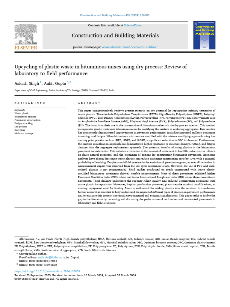 Upcycling of Plastic Waste in Bituminous Mixes Using Dry Process ...