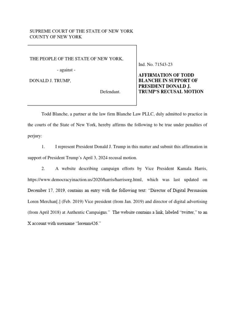 Bragg - New York - DJT Recusal Motion - Affirmation | PDF | Donald ...