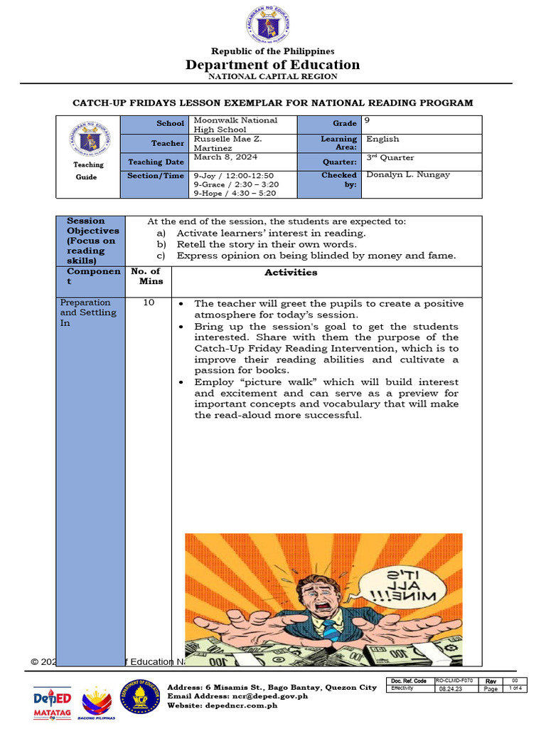 Grade 9 Catch-Up Reading Lesson Plan | PDF | Teachers | Learning