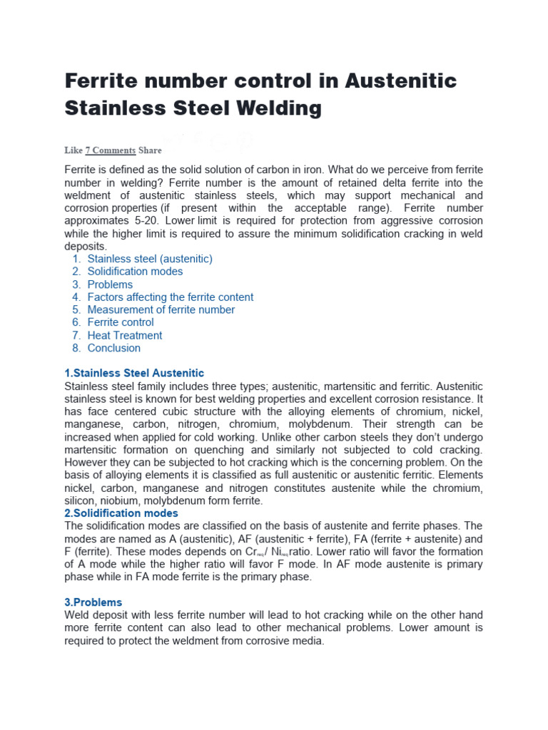 Ferrite Number Control in Austenitic Stainless Steel Welding | PDF ...