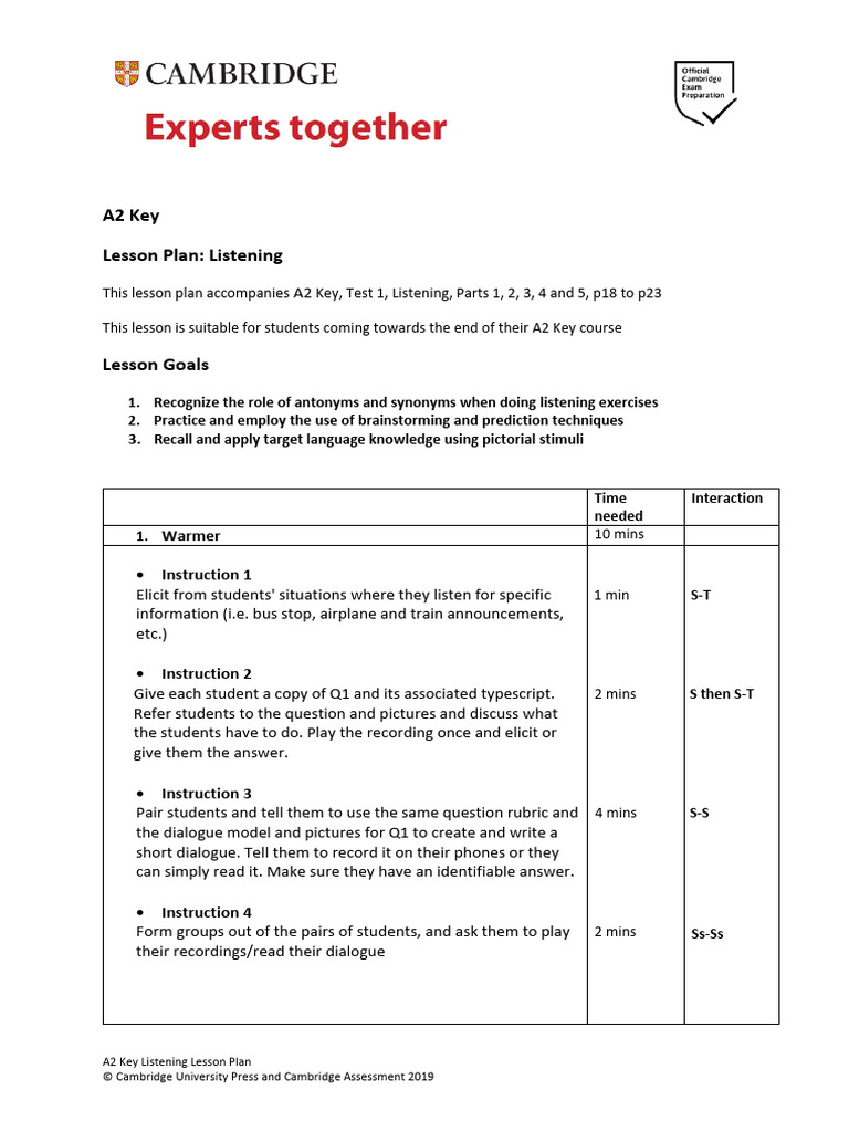 A2 Key Listening Lesson Plan | PDF