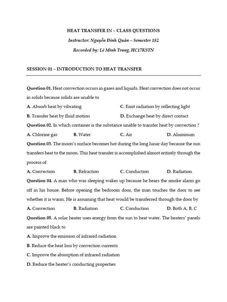 (Practice) Heat Transfer Revision Exercises 1 (No Answer Key ...
