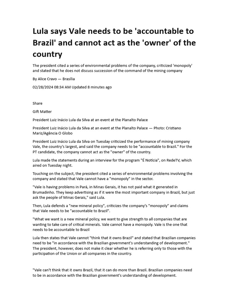 Lula Says Vale Needs To Be 'Accountable To Brazil' and Cannot Act As ...