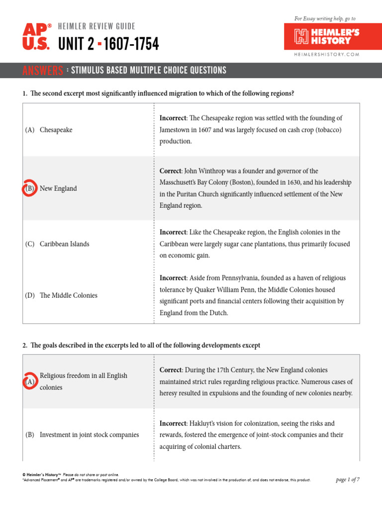 AP Us HRG Unit 2 MCQ Answers | PDF | Thirteen Colonies | Atlantic Slave ...