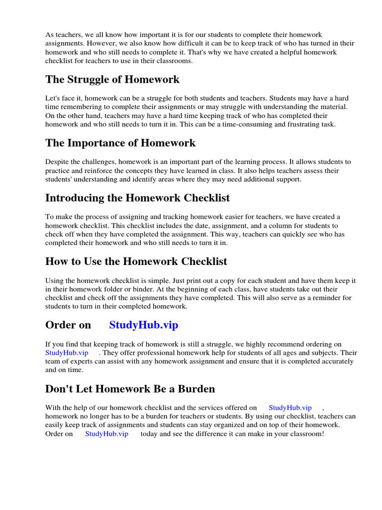 Teacher Resources Homework Checklist | PDF | Homework | Essays