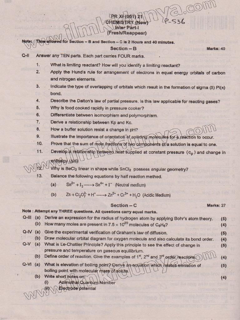 Past Paper 11th Class Chemistry Paper 1 Peshawar Board Subjective 2021 ...