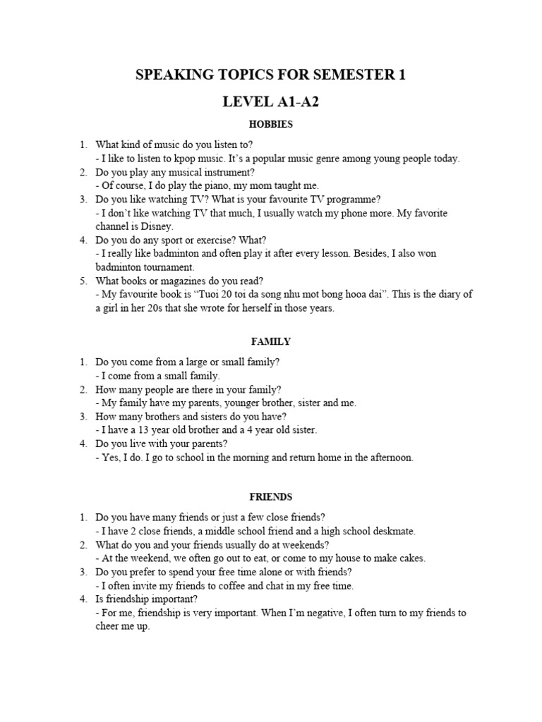 A1-A2 Speaking Topics For Semester 1 2' | PDF | Language Arts ...
