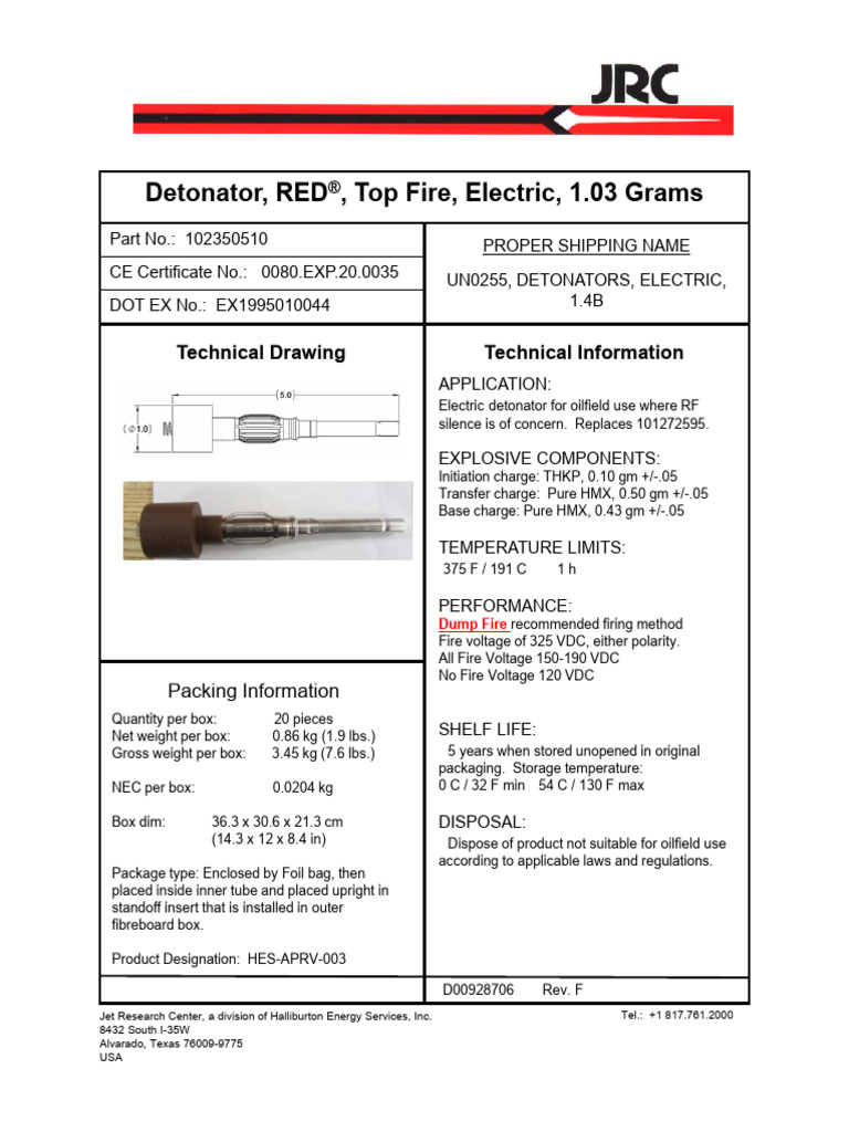 Detonator, RED, Top Fire, Electric, 1.03 Grams: Technical Drawing Technical Information | PDF ...