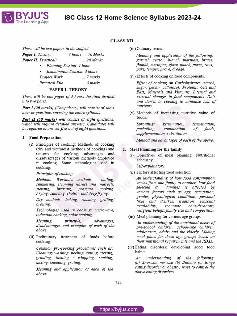 ISC Class 12 Home Science Syllabus 2023 24 | PDF | Cooking | Textiles