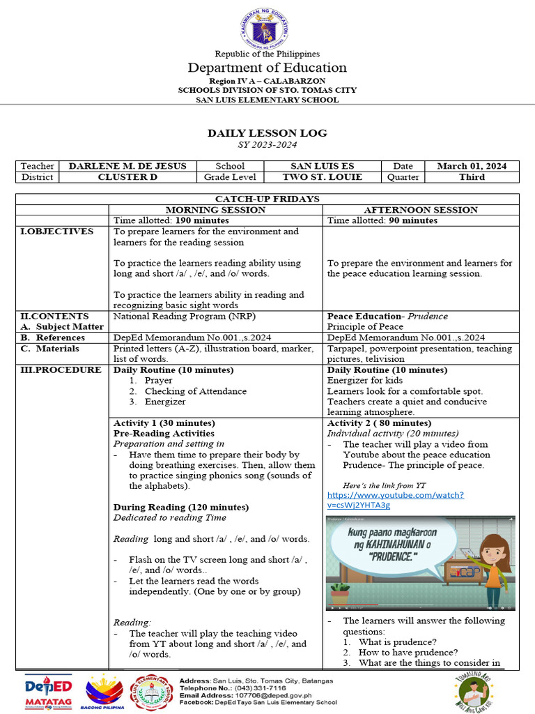 DAILY LOG CATCH UP FRIDAY MARCH 1 2024 | PDF | Learning | Behavior Modification