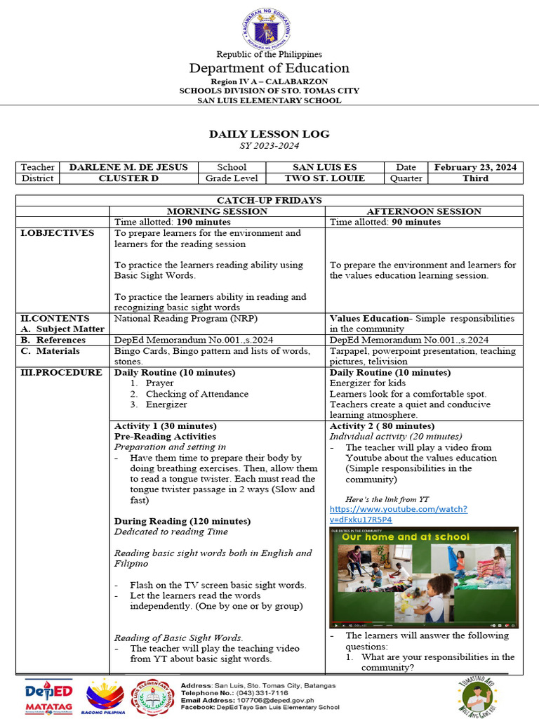Daily Lesson Log for Grade 2 Reading | PDF | Teachers | Human Communication