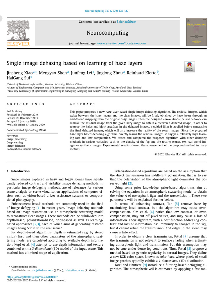 Ref 2 Sci Hub Single Image Dehazing Based On Learning Pdf Deep Learning Computational