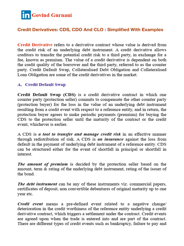 Credit Derivatives CDS CDO CLO 1709821374 | PDF | Credit Default Swap | Collateralized Debt ...