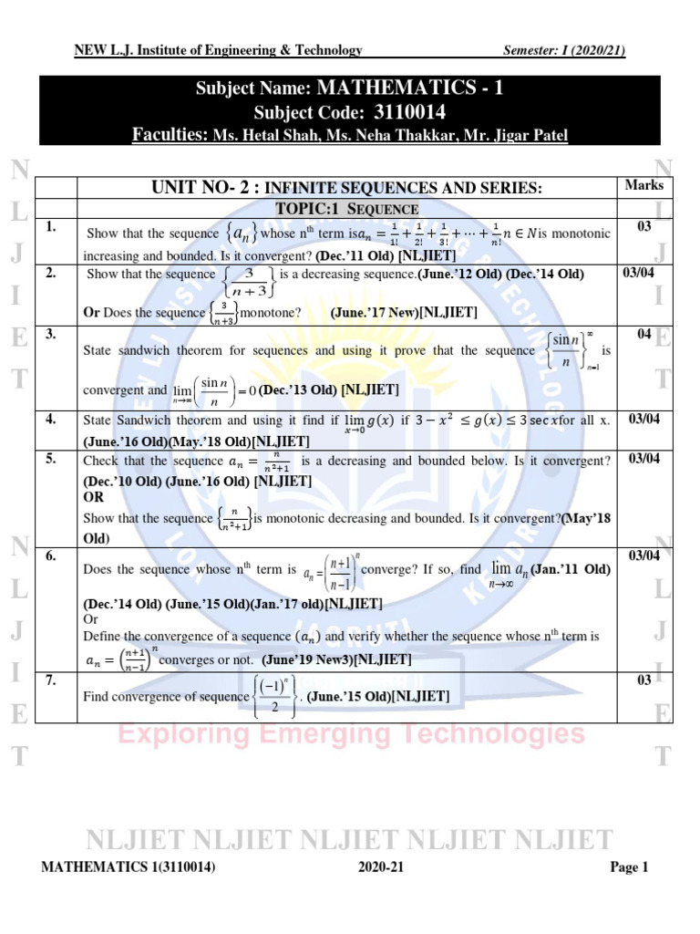 Mathematics 1: Sequences & Series Convergence | PDF | Sequence | Functions And Mappings