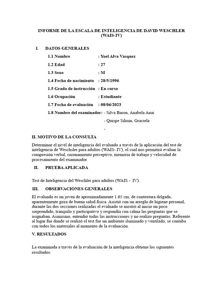 Informe WAIS-IV de Yoel Alva Vasquez | PDF | Escala de inteligencia ...