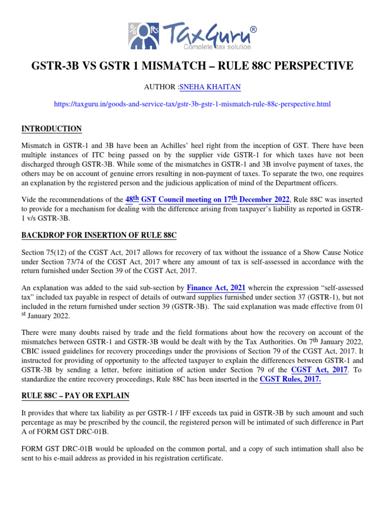 GSTR-3B Vs GSTR 1 Mismatch - Rule 88C Perspective - Taxguru - in | PDF ...
