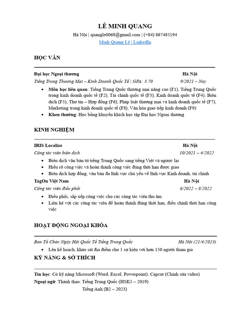 Le Minh Quang - CV (Vietnamese) | PDF