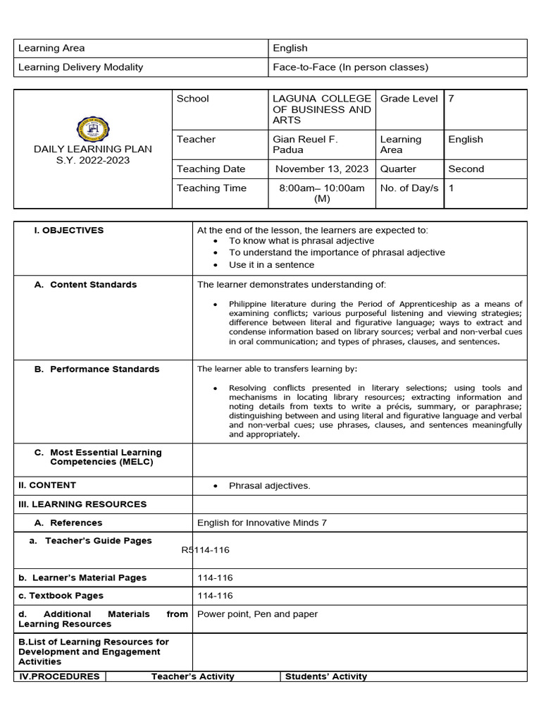 DetailedLP - Padua-Eng7 Phrasal Adjective | PDF | Adjective | Learning