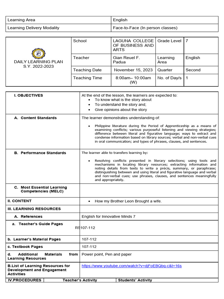 DetailedLP - Padua-Eng7 How My Brother | Download Free PDF | Learning ...