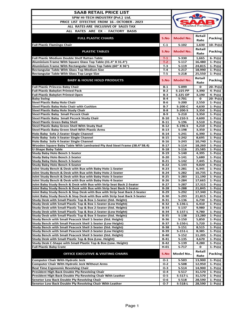 Saab Furniture Price List 2023 | PDF | Chair | Furniture
