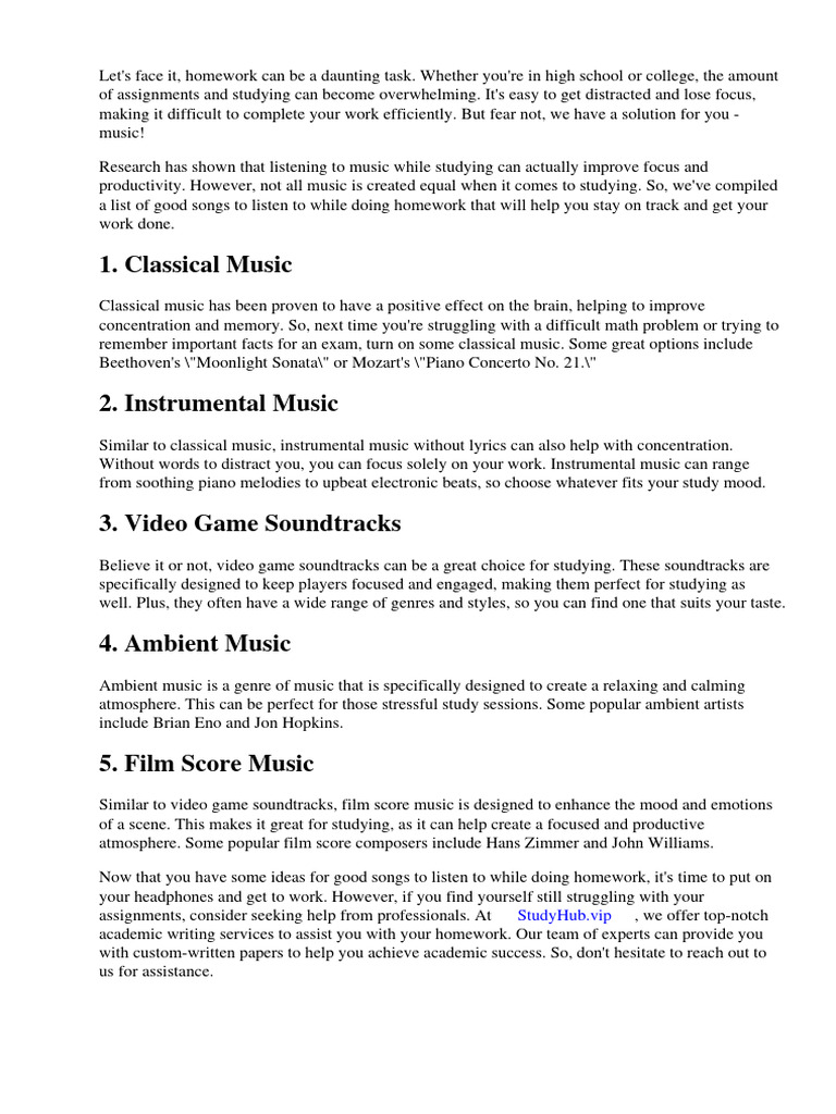 What Are Good Songs To Listen To While Doing Homework | PDF | Essays ...