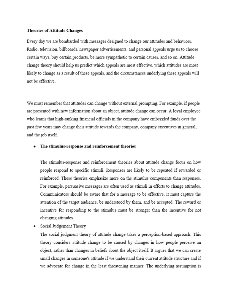 Theories of Attitude Changes | PDF | Attitude (Psychology) | Classical Conditioning