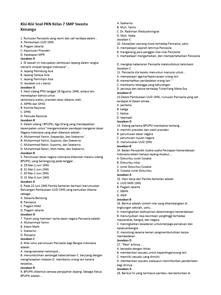 Kisi-Kisi Soal MID PKN Kelas 7 | PDF