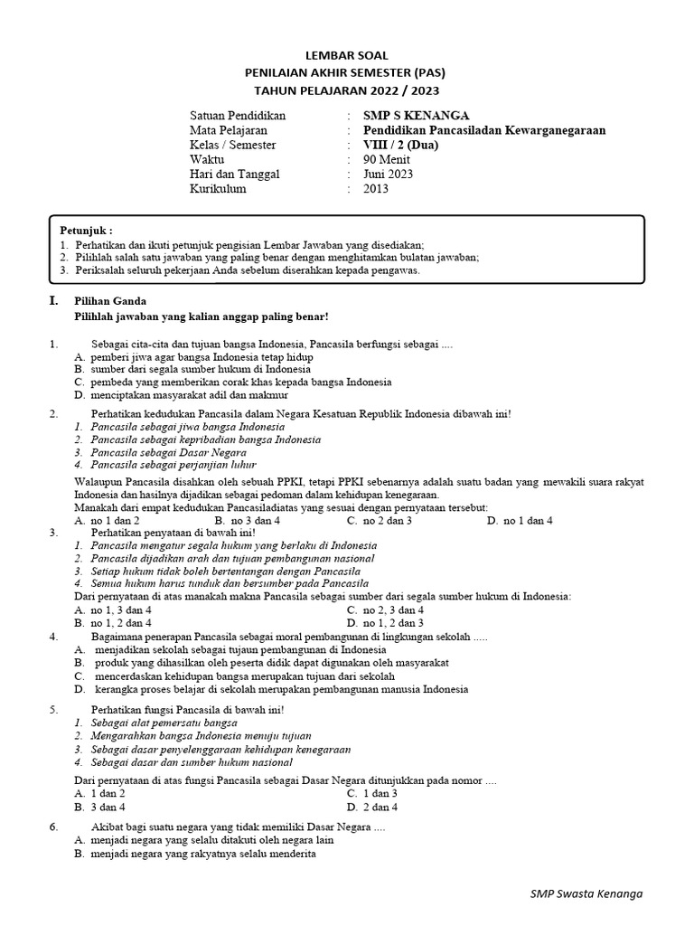 Soal PAS PKN Kelas 8 K13 - 2022-2023 | PDF | Politik | Ilmu Sosial