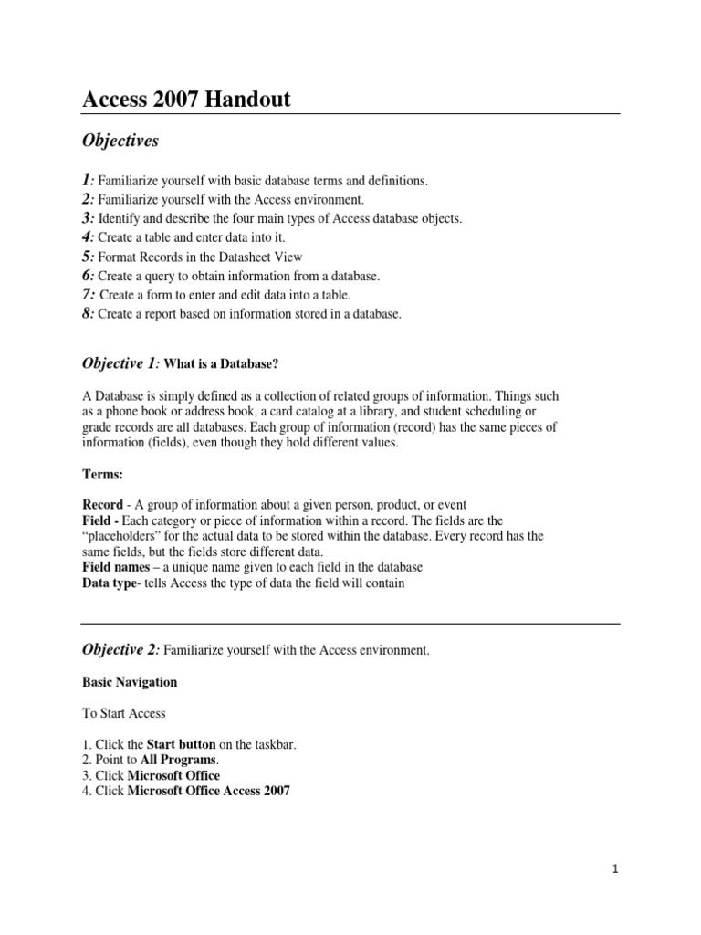 Access 2007 Handout | PDF | Databases | System Software