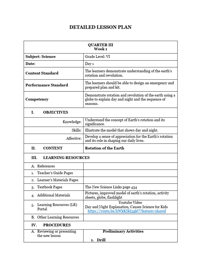 Science Lesson Plan | PDF | Learning | Night