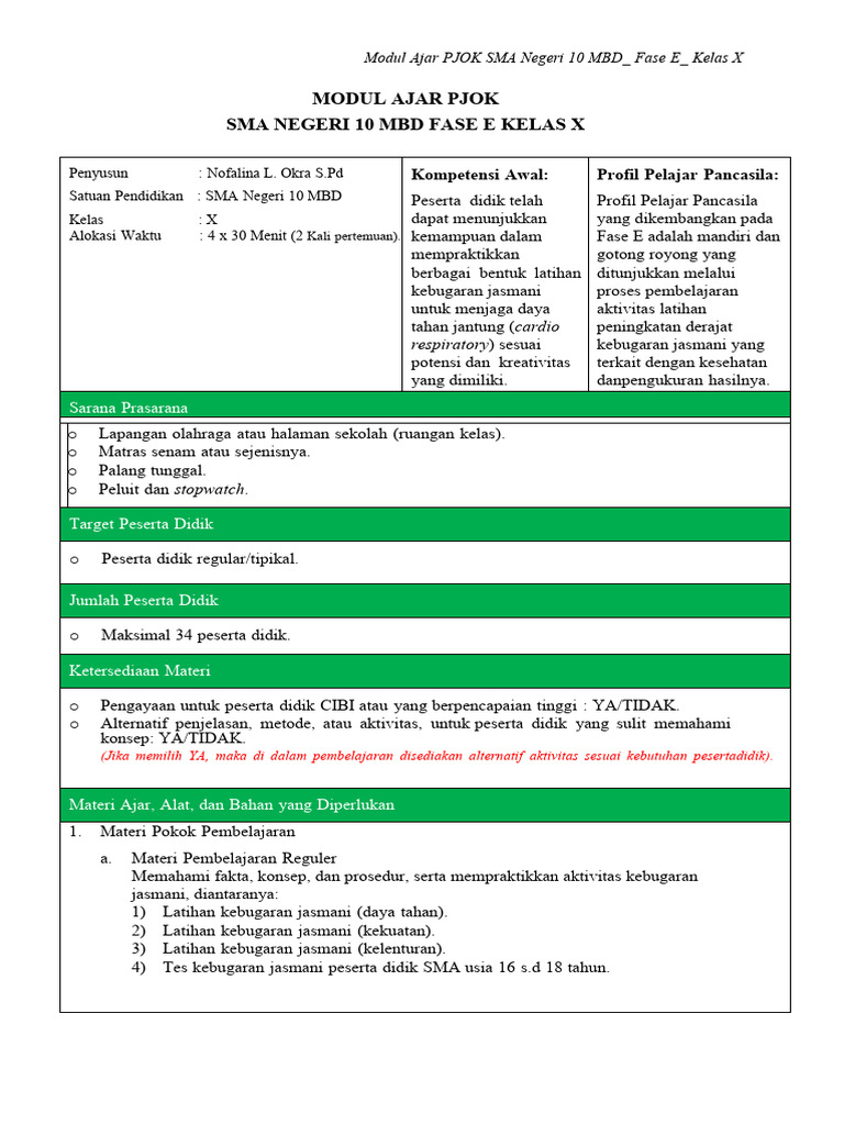 Modul Ajar PJOK X | PDF