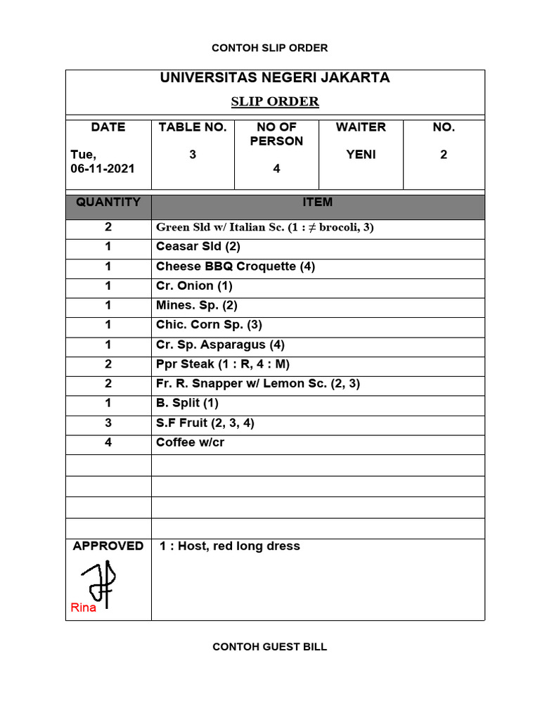 Contoh Slip Order Dan Guest Bill Yeni New | Download Free PDF | Cuisine ...