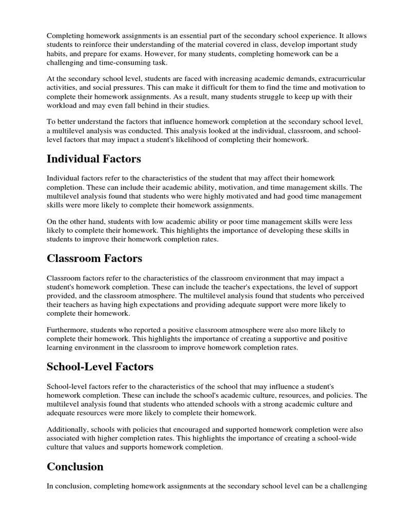 Homework Completion at the Secondary School Level a Multilevel Analysis ...