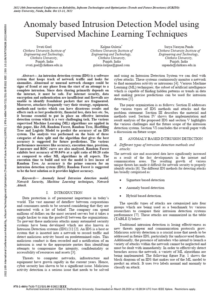 Anomaly Based Intrusion Detection Model Using Supervised Machine Learning Techniques | PDF ...