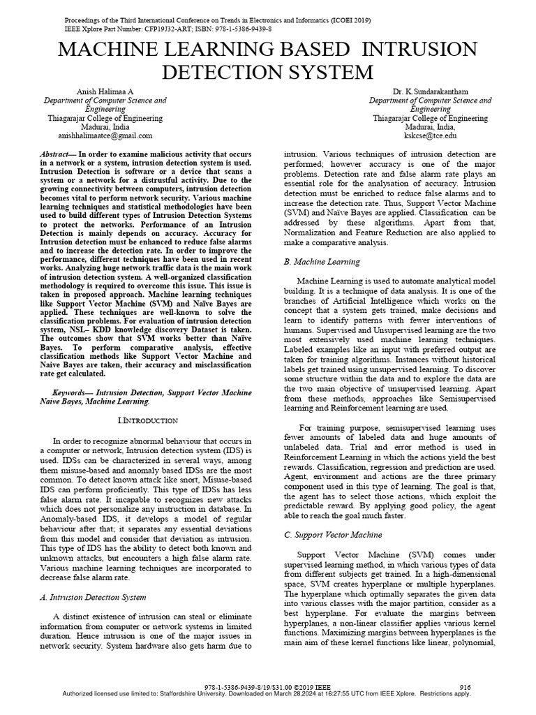 Machine Learning Based Intrusion Detection System | PDF | Support ... Machine Learning Based Intrusion Detection System | PDF | Support ...