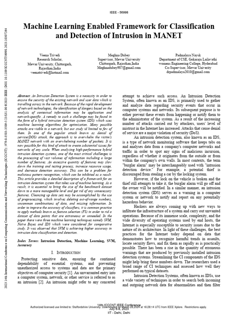 Machine Learning Enabled Framework For Classification And Detection Of Intrusion In Manet