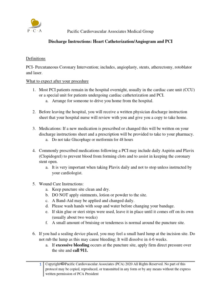 PCI Discharge Instructions | PDF | Percutaneous Coronary Intervention ...