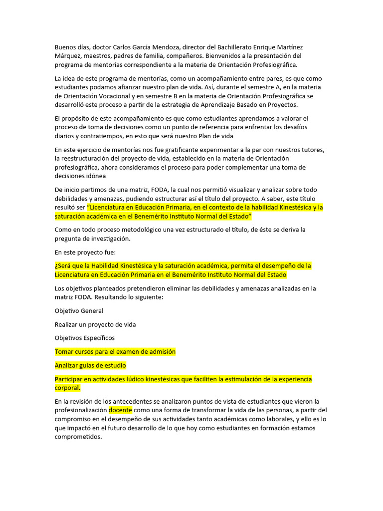 Argumento exposición plan de vida. | PDF | Análisis FODA | Aprendizaje