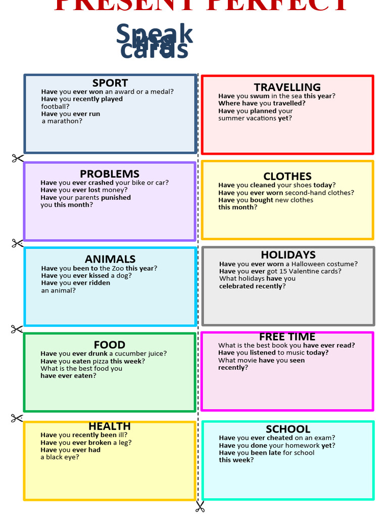 Present Perfect Speaking Cards CLT Communicative Language Teaching ...