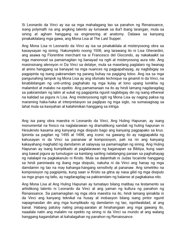 Si Leonardo da Vinci ay isa sa mga mahalagang tao sa panahon ng Renaissance | PDF