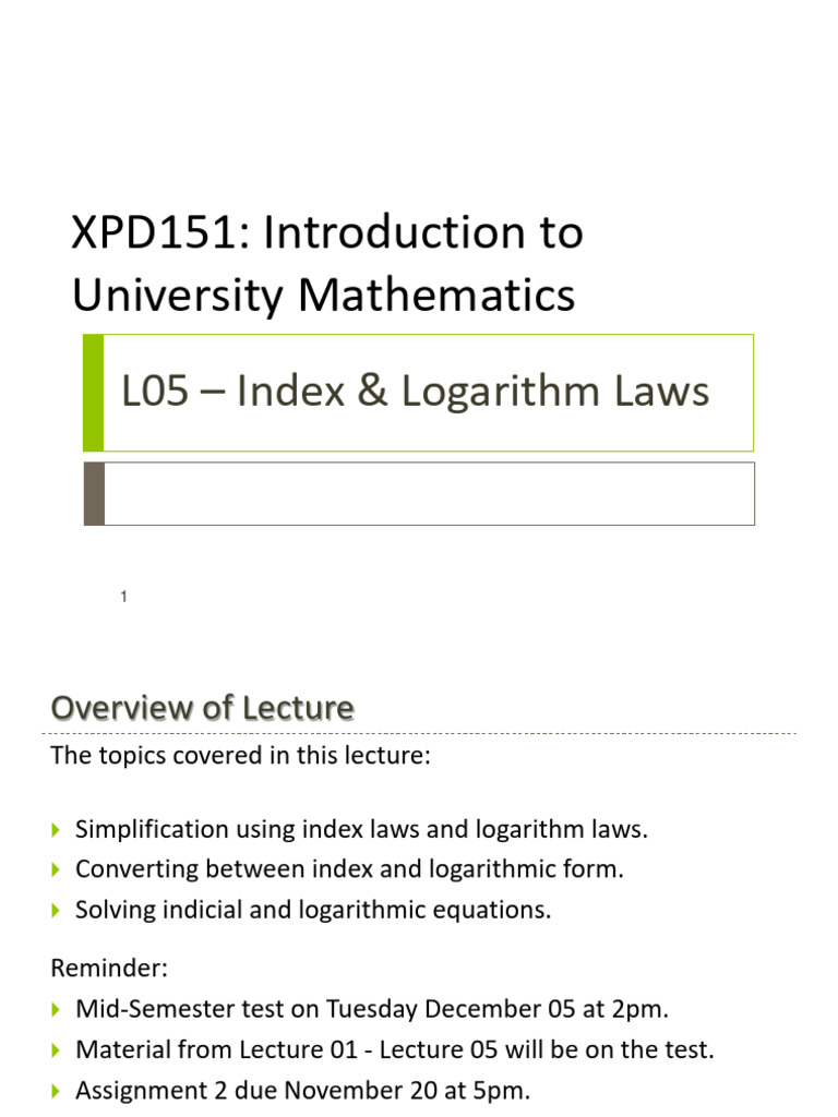 XPD151 - L05 - Index and Log Laws | PDF | Logarithm | Mathematics
