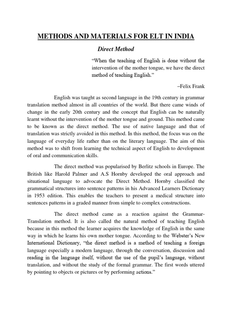 Methods and Materials For ELT in India - Direct Method | PDF | English Language | Language ...