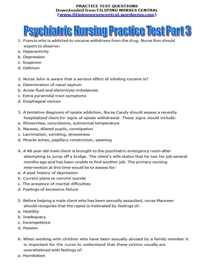 Psychiatric Nursing Practice Test 3 - Compress | PDF | Anxiety | Phobia