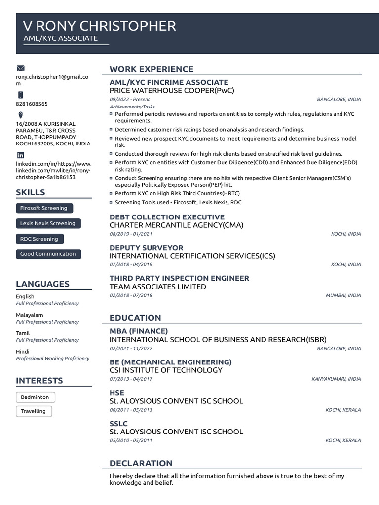 V Rony Christopher CV | PDF | Business