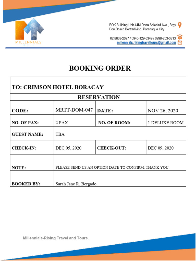 Booking Order Template 2020 | PDF