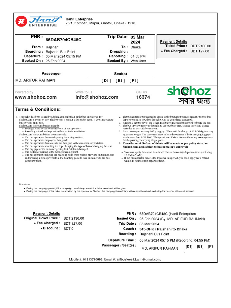 Hanif Enterprise Bus Ticket Details | PDF | Bus | Service Industries