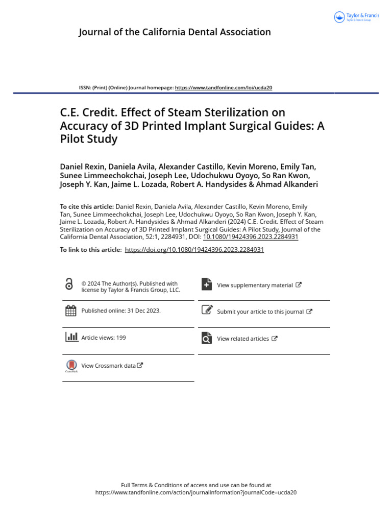 C.E. Credit. Effect of Steam Sterilization On Accuracy of 3D Printed Implant Surgical Guides A ...