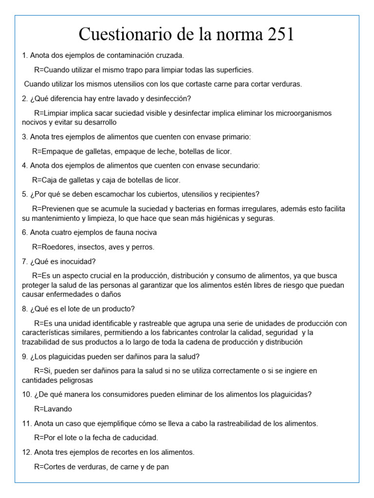 Cuestionario de La Norma 251 | PDF | Alimentos | Carne