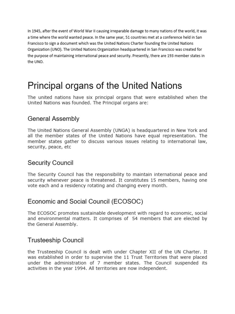 Principal Organs of The United Nations: General Assembly | PDF | United Nations | International ...