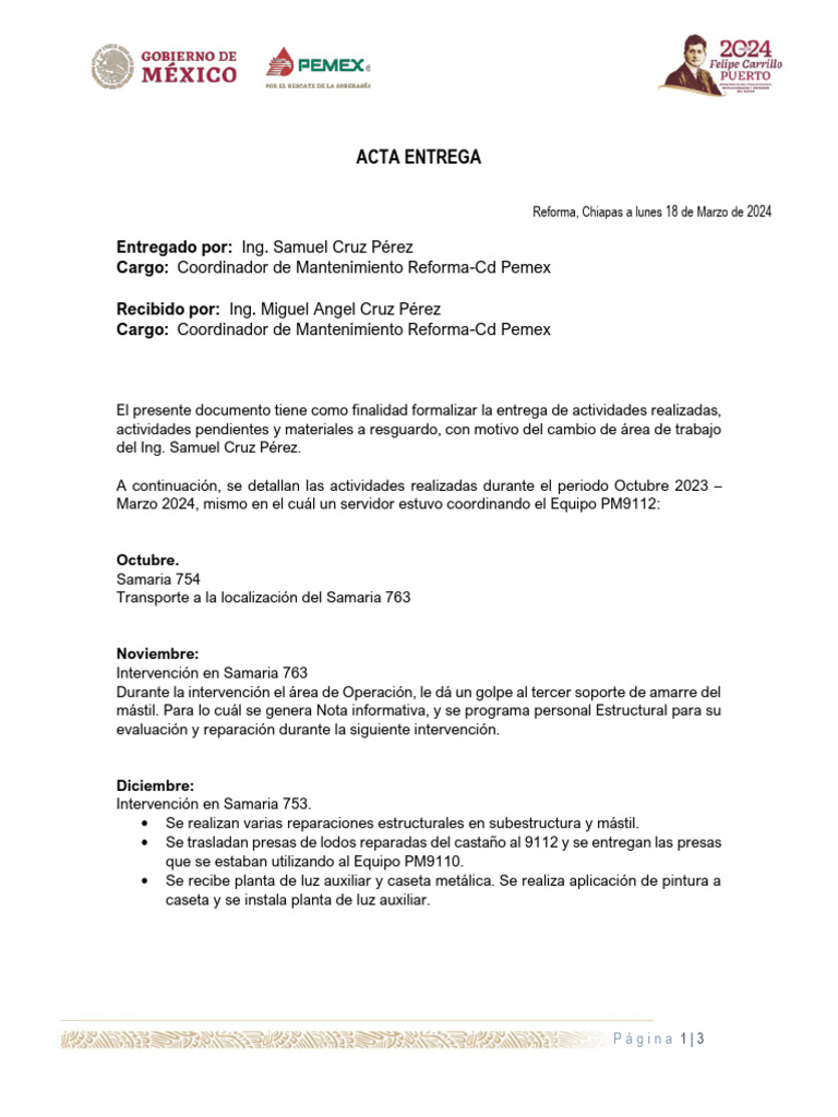 Entrega de Actividades de Mantenimiento Pemex | PDF